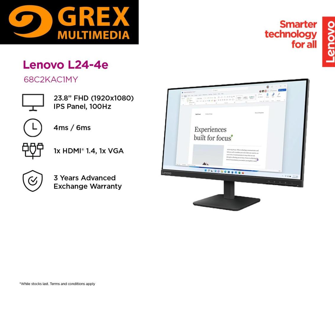 LENOVO L24-4E 23.8" IPS 100Hz MONITOR w/ Tilt Stand - (68C2KAC1MY ...