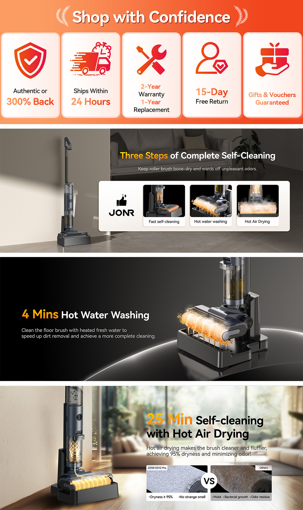 【Free trial】JONR ED12 PRO Wet Dry Vacuum Cleaner 90°C Hot-Air Drying ...