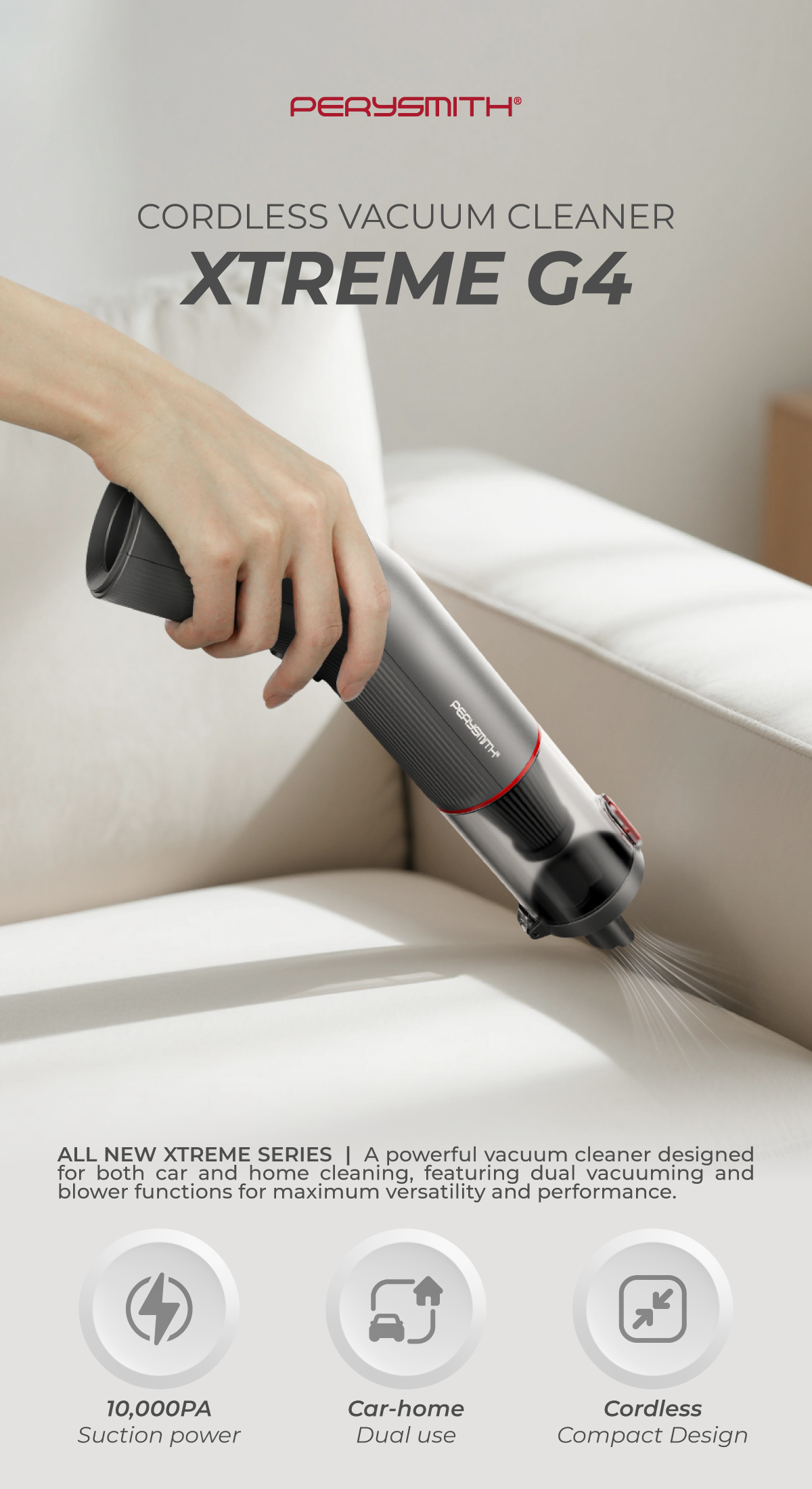 PerySmith Cordless Vacuum Cleaner Xtreme Series G4 - GREY (Car Vacuum ...