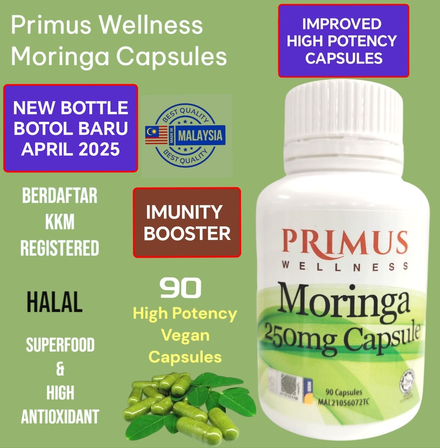 (KKM & HALAL APPROVED) Primus Wellness Moringa Leaf Vegan Capsules With ...