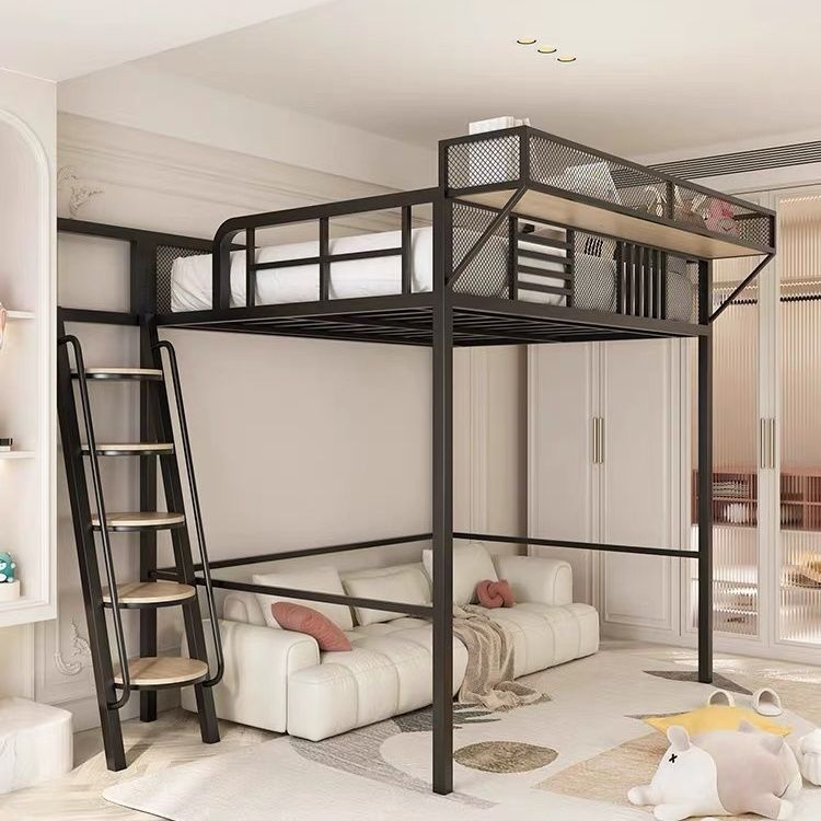 Iron high loft bed, upper bunk, double-decker space, lower table, iron ...