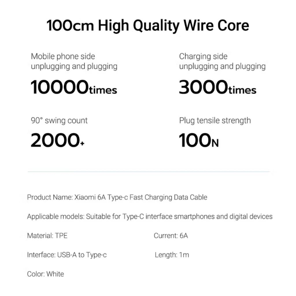 Original Xiaomi Redmi 6A 120W USB Type C Fast Charging Cable 120W ...