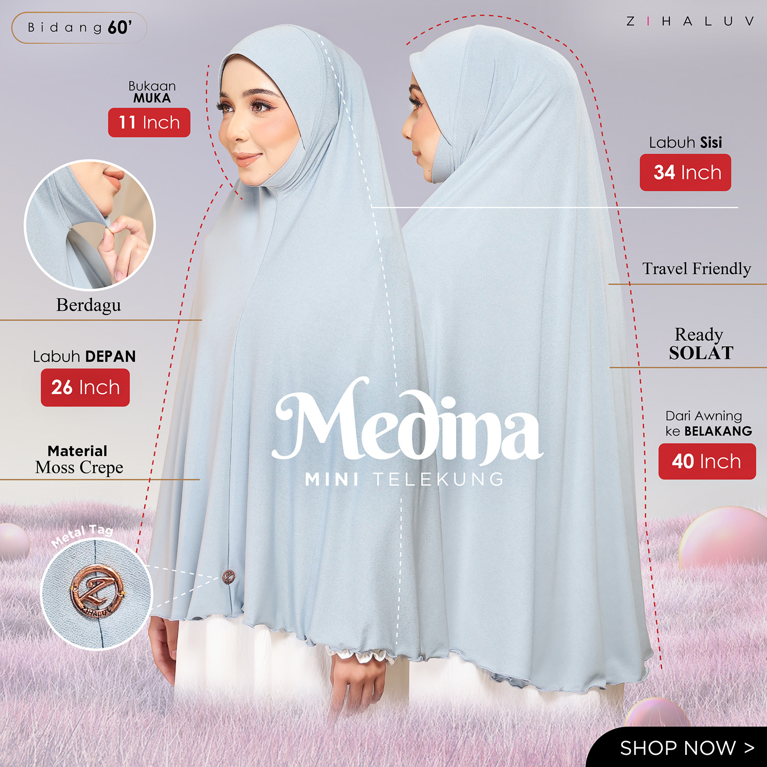 Zihaluv - Tudung Medina Mini Telekung Easy On - Mosscrepe - [ Bidang 60 ...