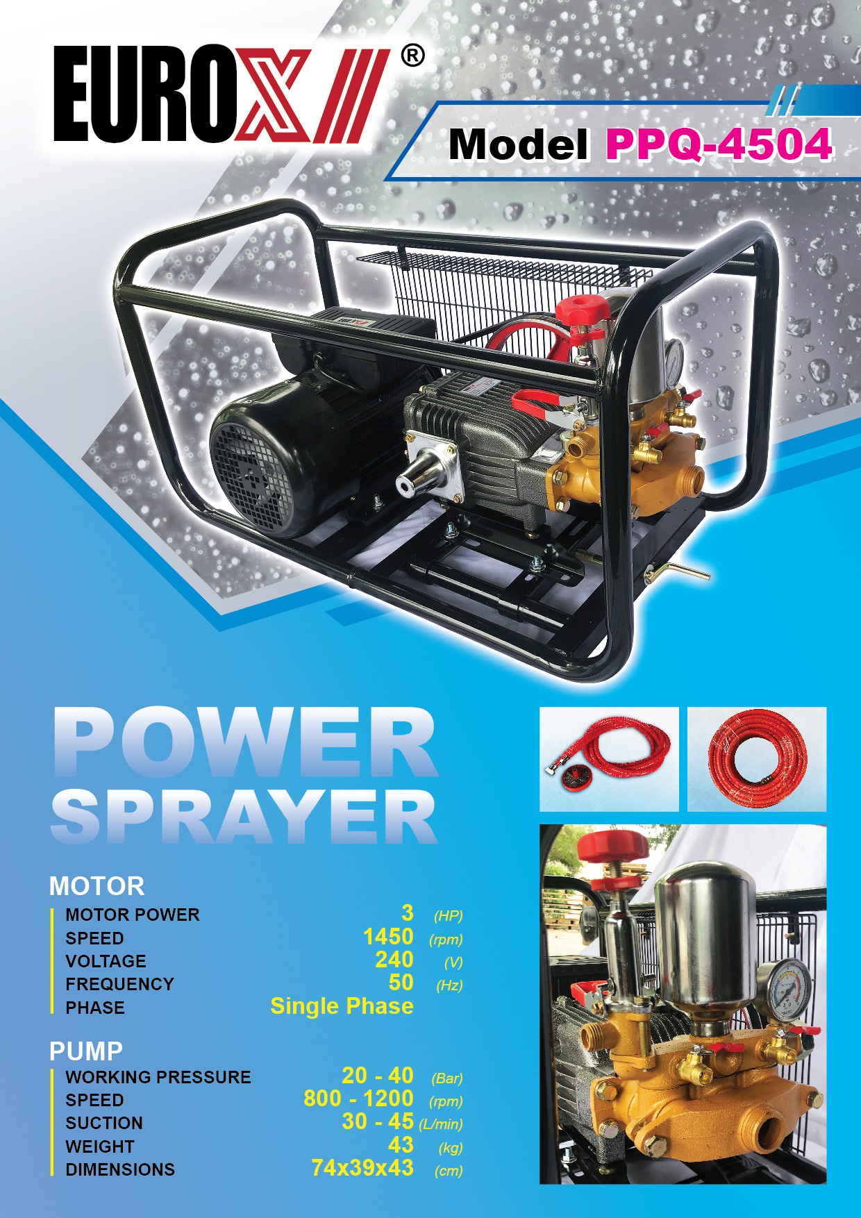 EUROPOWER EUROX 3HP MOTOR POWER SPRAYER PLUNGER PUMP PPQ4504 / PPQ4503 ...