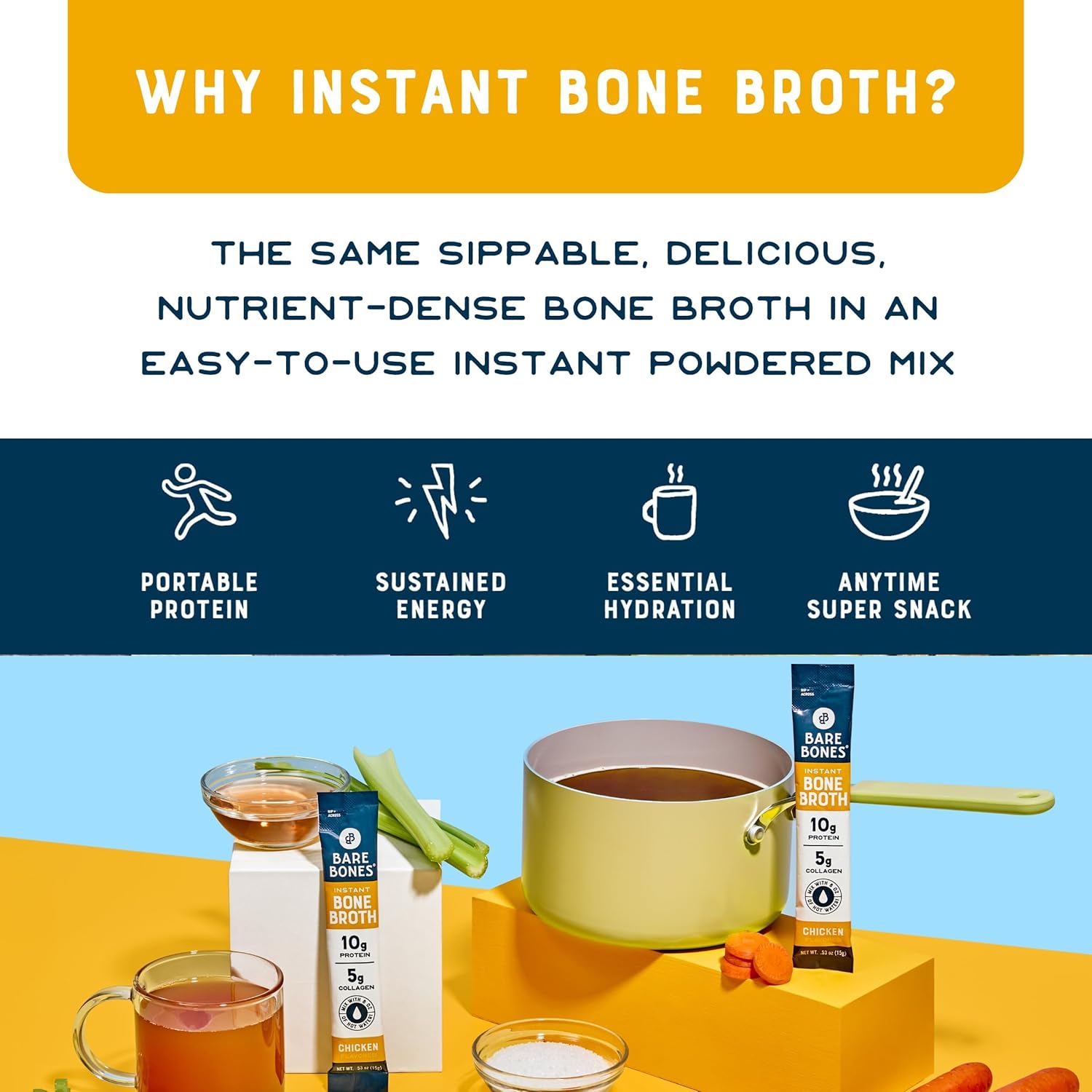 Bare Bones Keto Bone Broth Instant Powdered Mix, Chicken/Beef 15g 1 ...