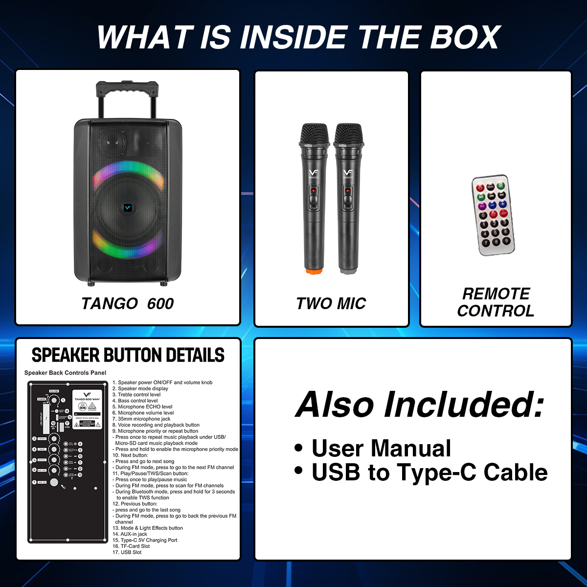 Vinnfier VF Tango 600 WMV 90W Max Portable Trolley Wireless Bluetooth Speaker Karaoke Set USB ...