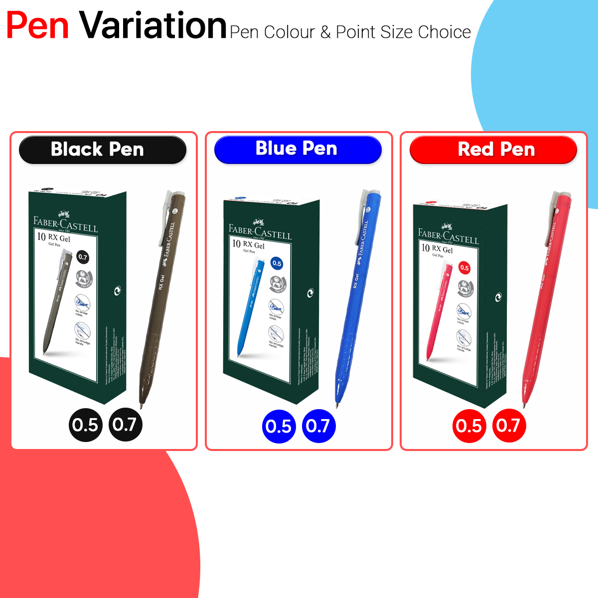 Faber Castell Pen RX Gel Pen 0.5 0.7 Black Blue Red Pen - (10/BX) Pen ...