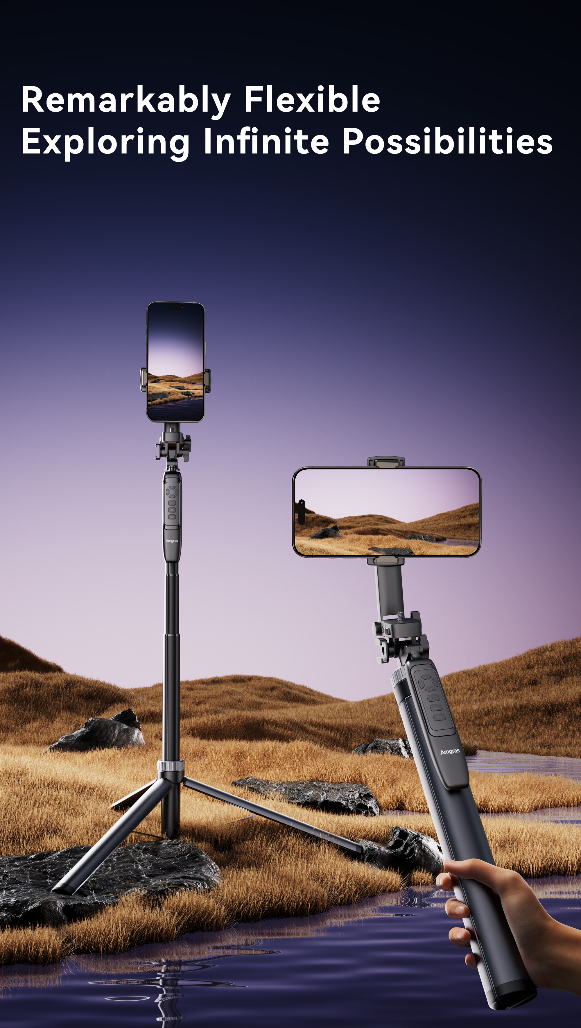 Amgras Tripod S03 Pro tripod selfie stick phone holder 2M stretchable ...