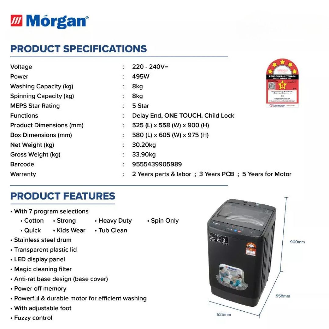 KHIND / MIDEA / MORGAN FULLY AUTO WASHING MACHINE (8KG) WM80A / (8.5KG ...