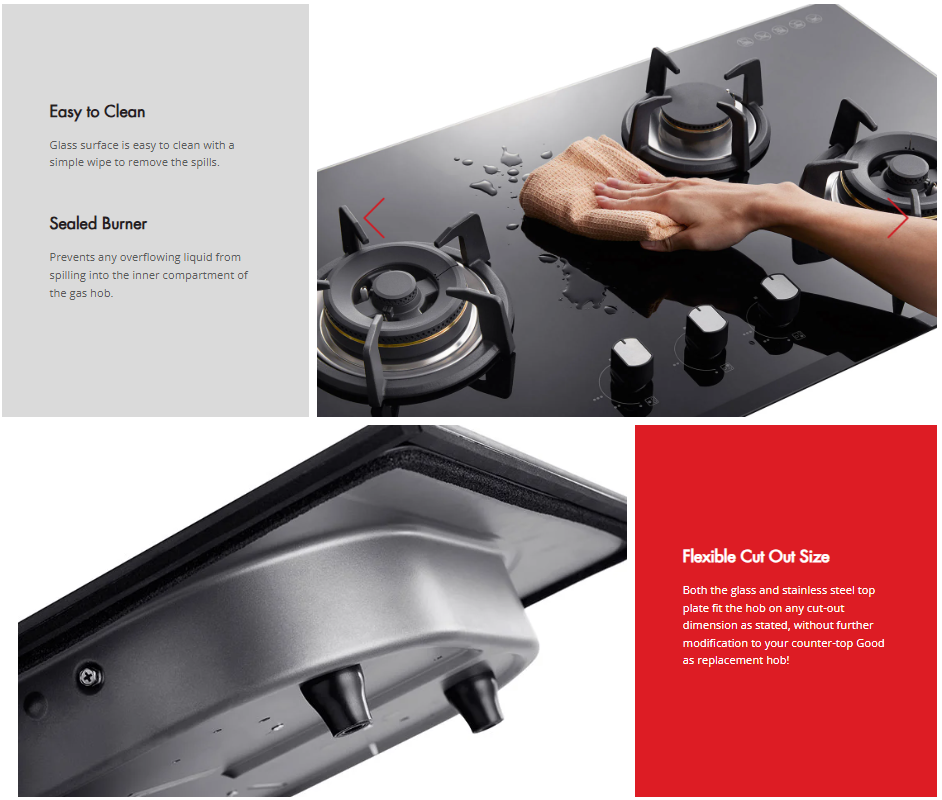 Rinnai Gas Hob RB93UG 3 Hyper Burner 5.5kw RB-93UG (Flexible Cut Out Size) / RB-92G 2-Hyper ...