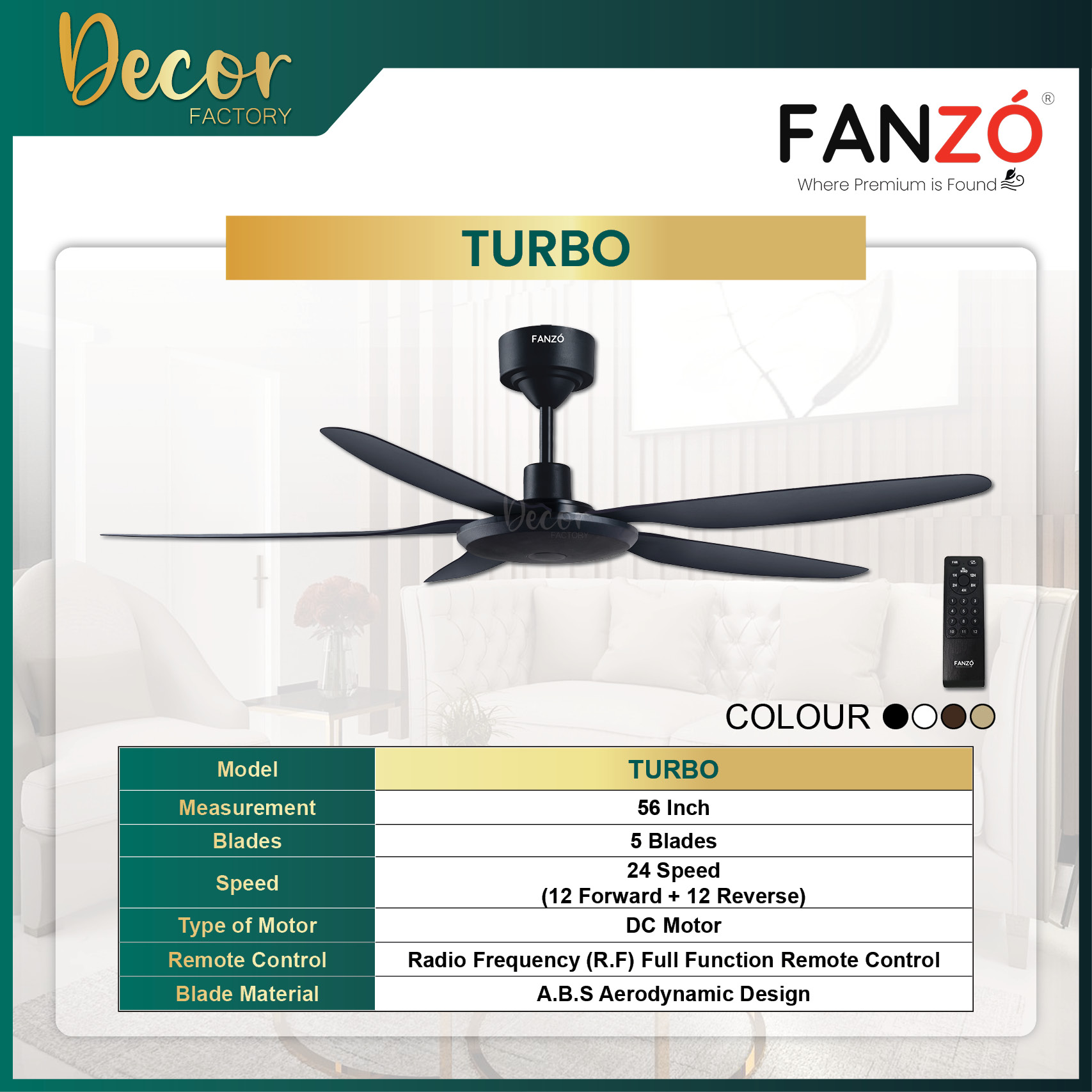 FANZO TURBO 56" 5 Blades 7 Speed DC Motor With Remote Control Ceiling ...