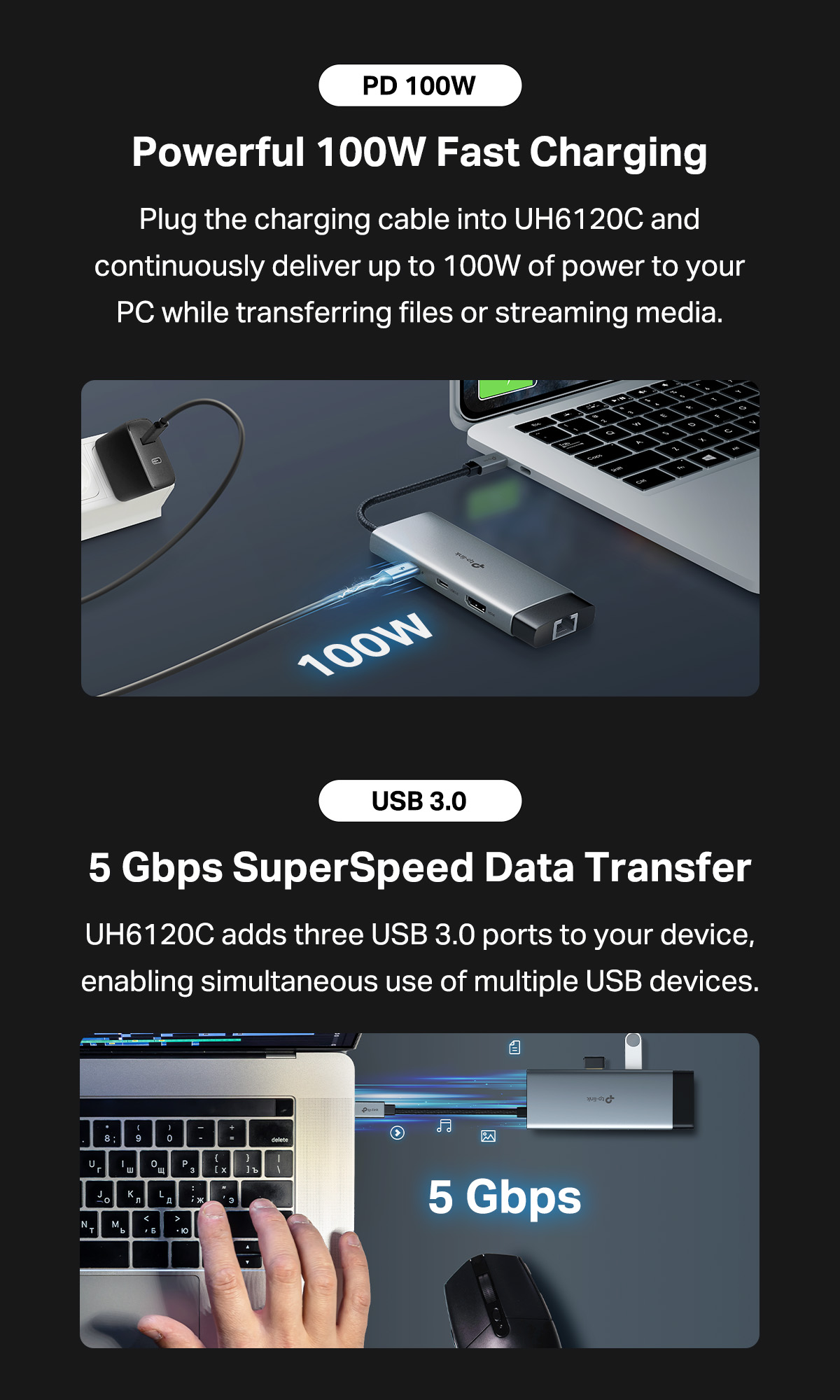 TP-Link UH6120C 6 Port with 100W Charging Ports 4K HDMI SuperSpeed Type ...