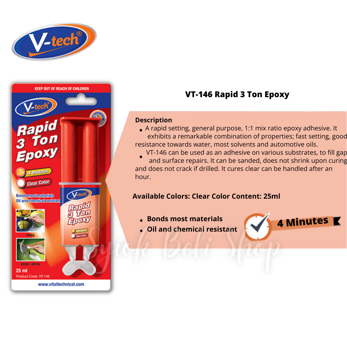 Vtech VT-146 Rapid 3 Ton Epoxy Clear 4 Minutes Bonding 25ml | Shopee ...