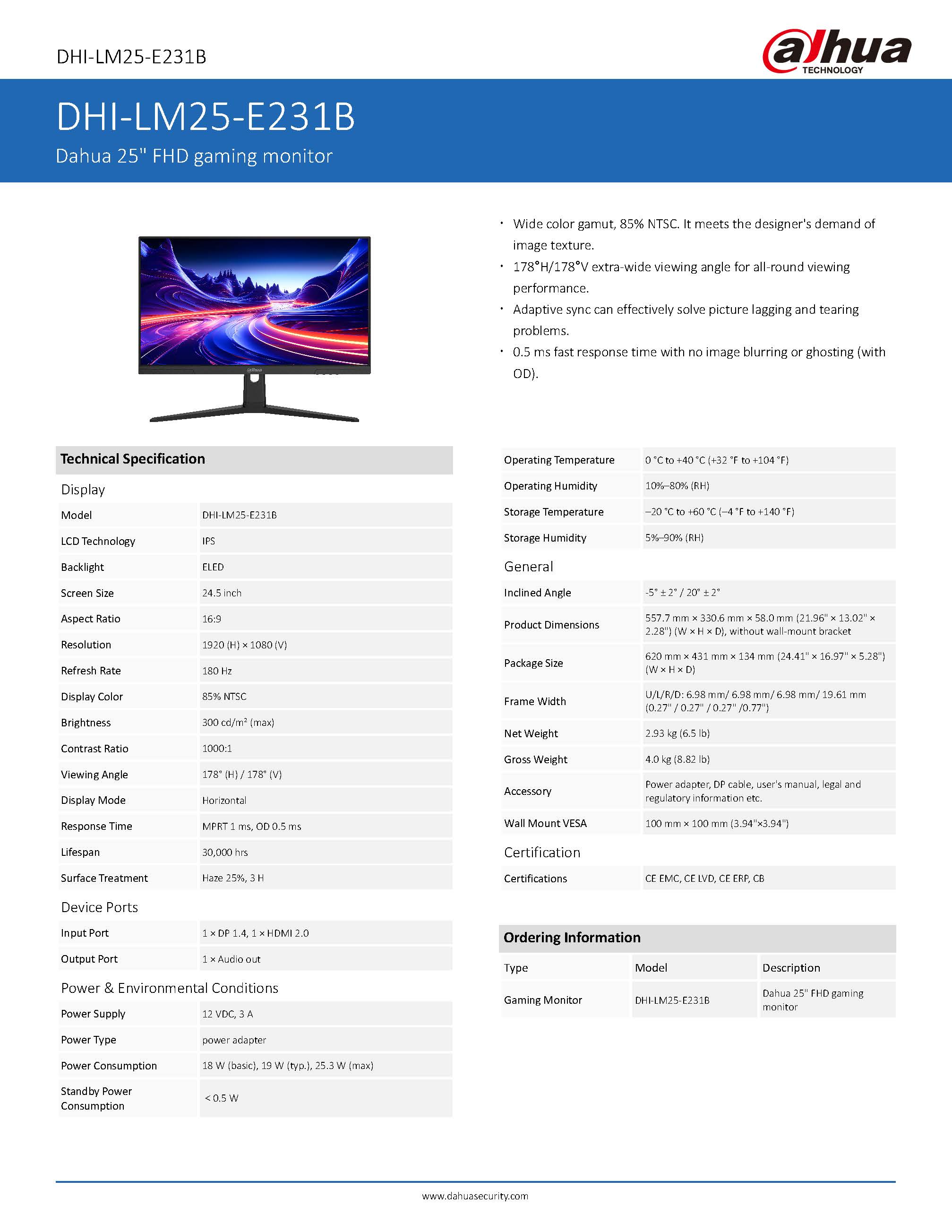 DAHUA LM25-E231B 24.5" FHD IPS Gaming Monitor | 180Hz | Adaptive Sync | 100% sRGB | DP1.4 / HDMI ...