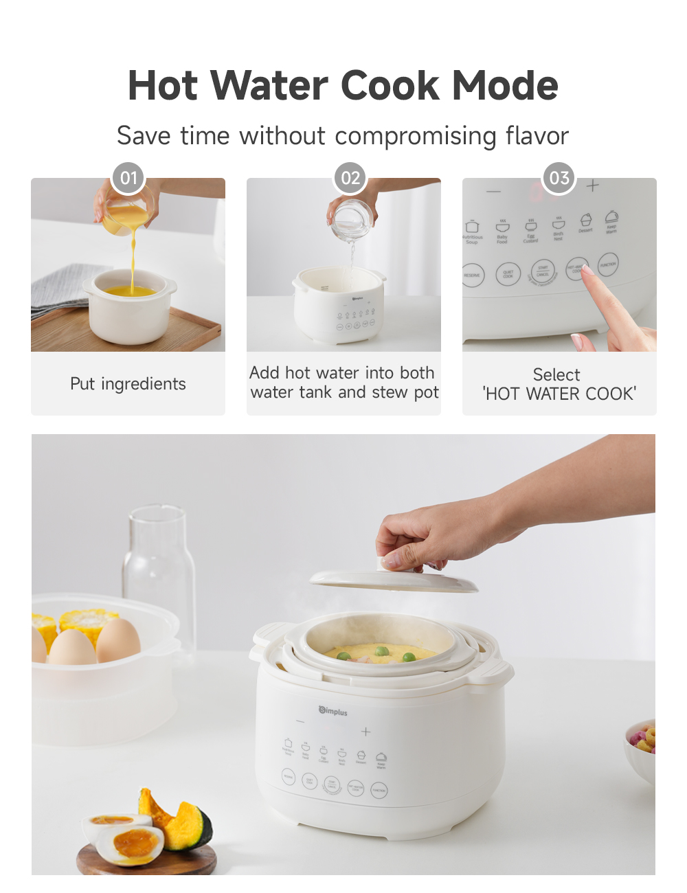 Simplus Electric Slow Cooker丨1L Stew Pot丨Double Boiling丨Smart Preset ...
