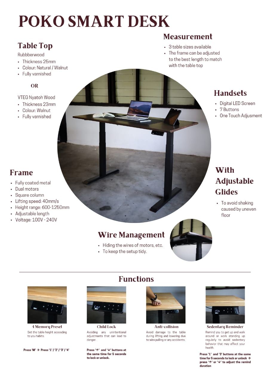 POKO Smart Desk Solid Rubberwood Tabletop Height Adjustable Leg for ...