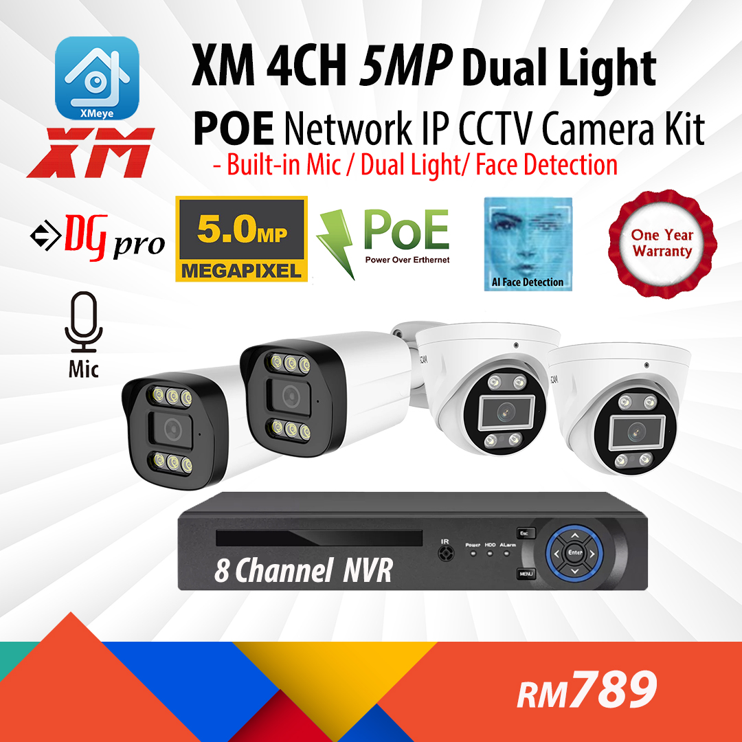 XM 4Ch 5MP IP POE IR Dual Light CCTV Package c/w 8Ch 4K POE NVR + 4x 5MP Dual Light IR Built-in ...