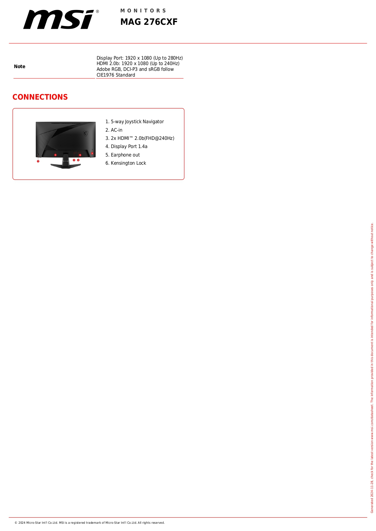 MSI MAG 276CXF ( MAG276CXF ) 27" Curve (1500R/ VA / 1ms / 280Hz / HDR ...