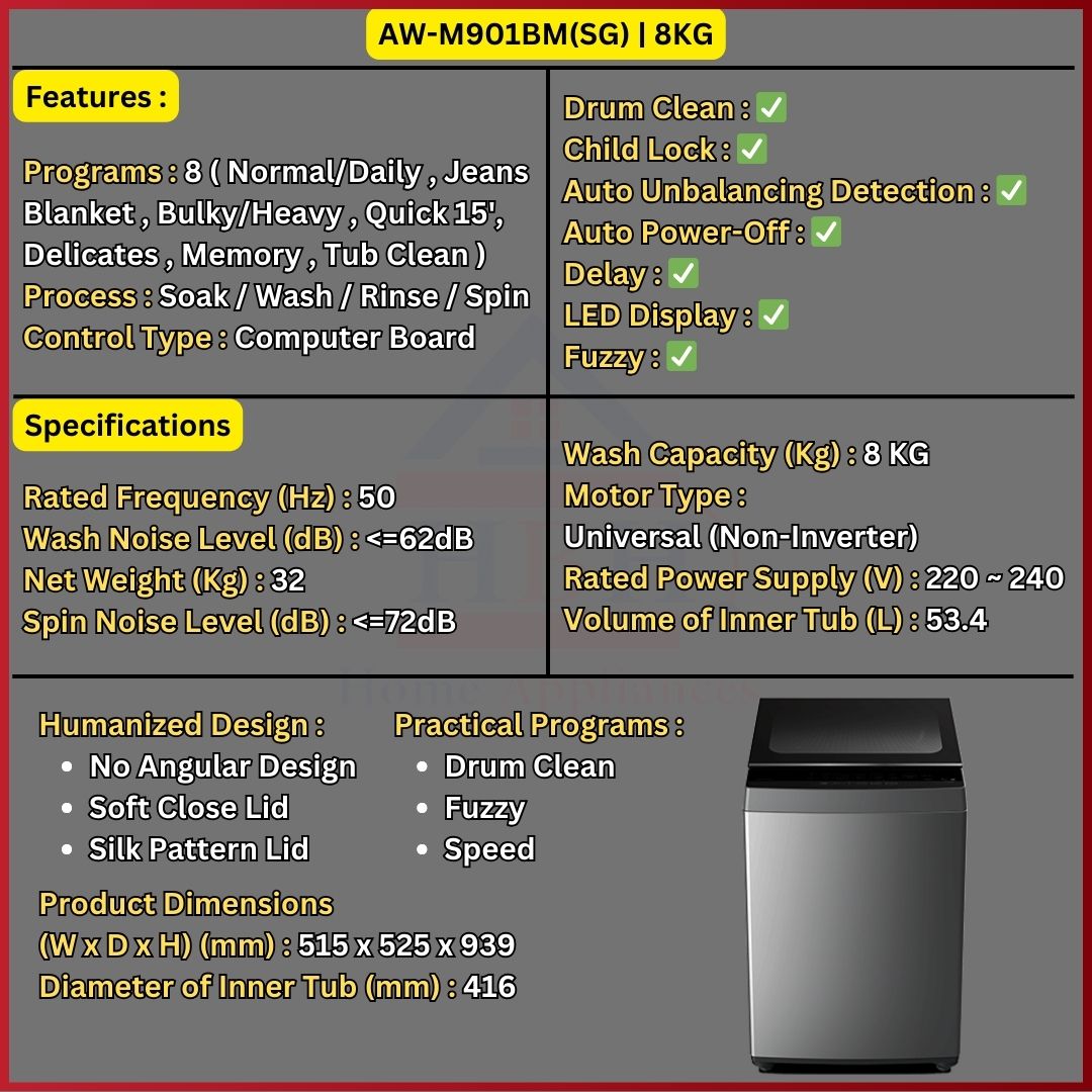 (FreeInstall) Toshiba | Top Load Washer | AW-M801AM AW-DUK1300KM(SG ...