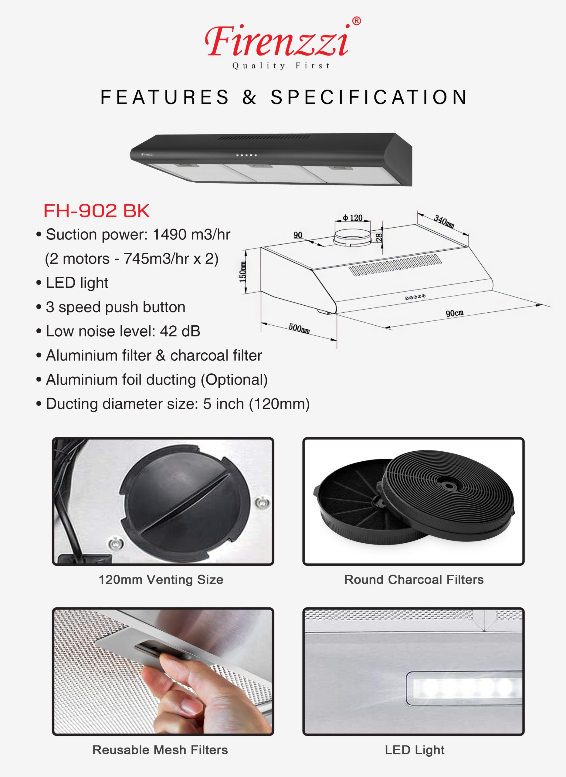 FIRENZZI DUAL MOTOR SLIM HOOD FH-902 BK COOKER HOOD 1490m³/hr | Shopee ...