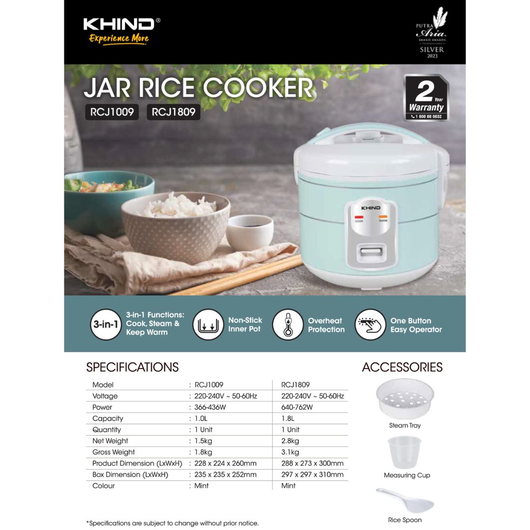 KHIND Jar Rice Cooker (1.0L) RCJ1008 (Purple) & (Green) / (1.8L ...