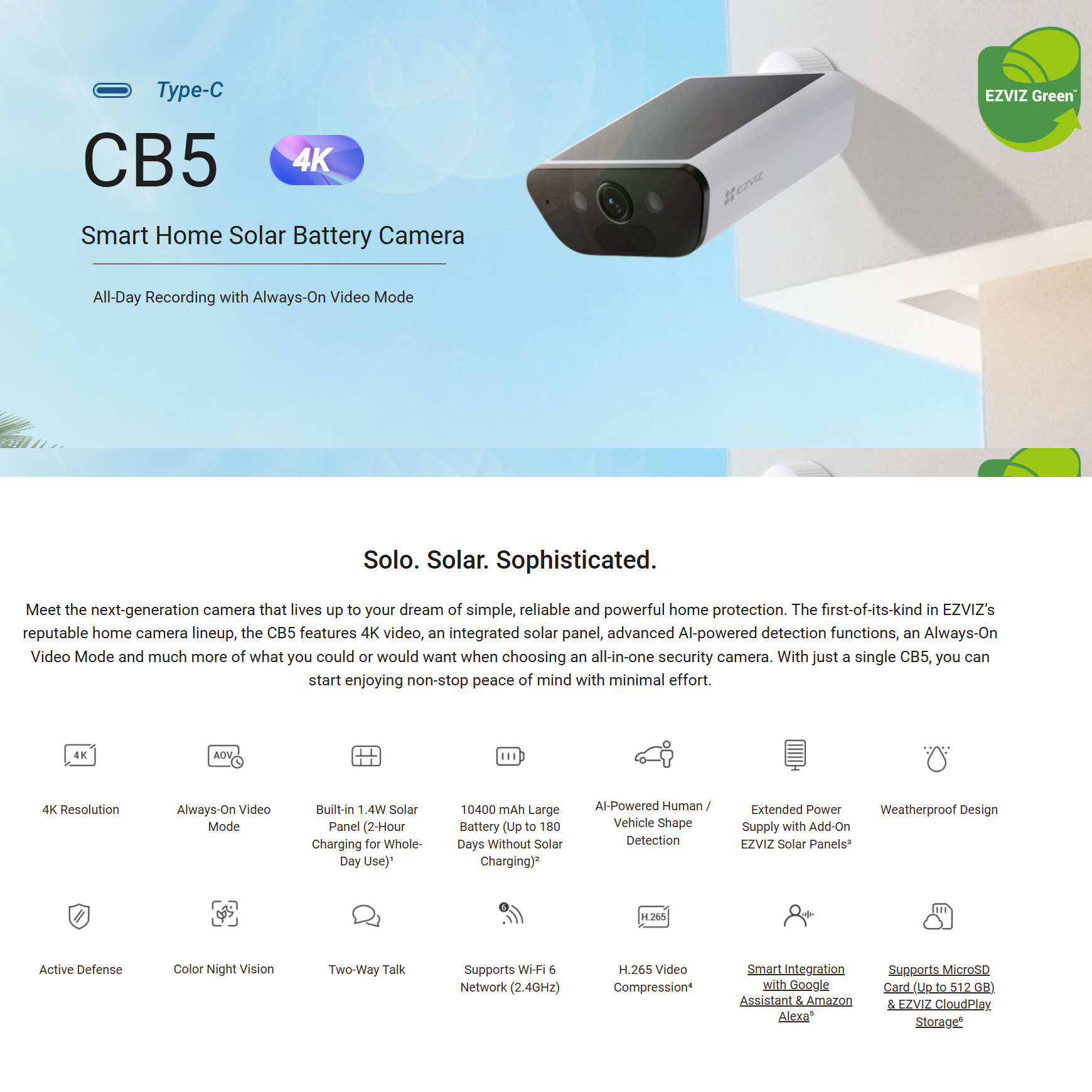 Ezviz CB5 4K 8MP Two Way Talk Solar Panel Built-in & Battery Powered ...