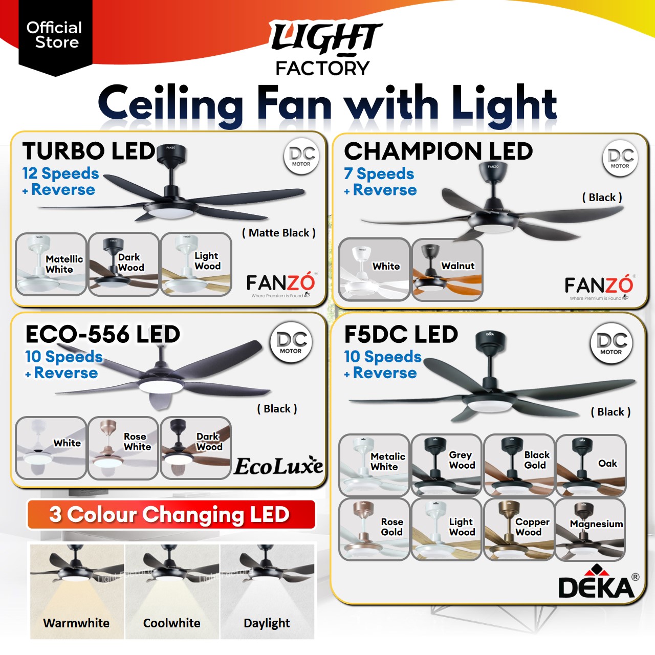 💡LED CEILING FAN💡DEKA F5DC LED PRO / FANZO TURBO LED Champion / ECOLUXE ...