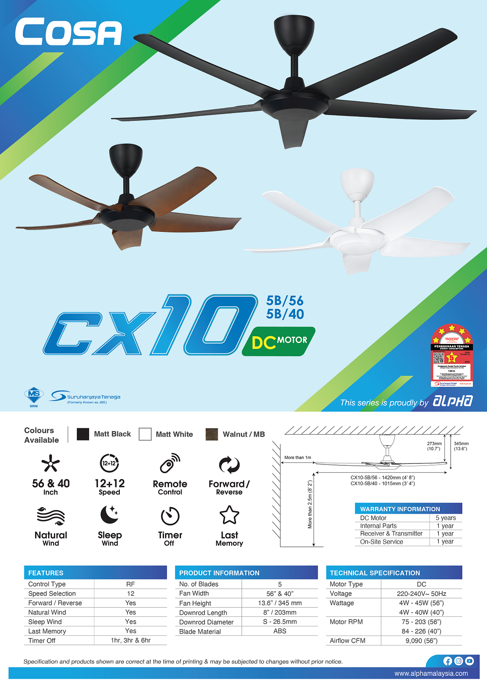 Alpha Cosa CX10 DC Motor 12 Speeds Ceiling Fan With Remote 40'' 46'' 56 ...