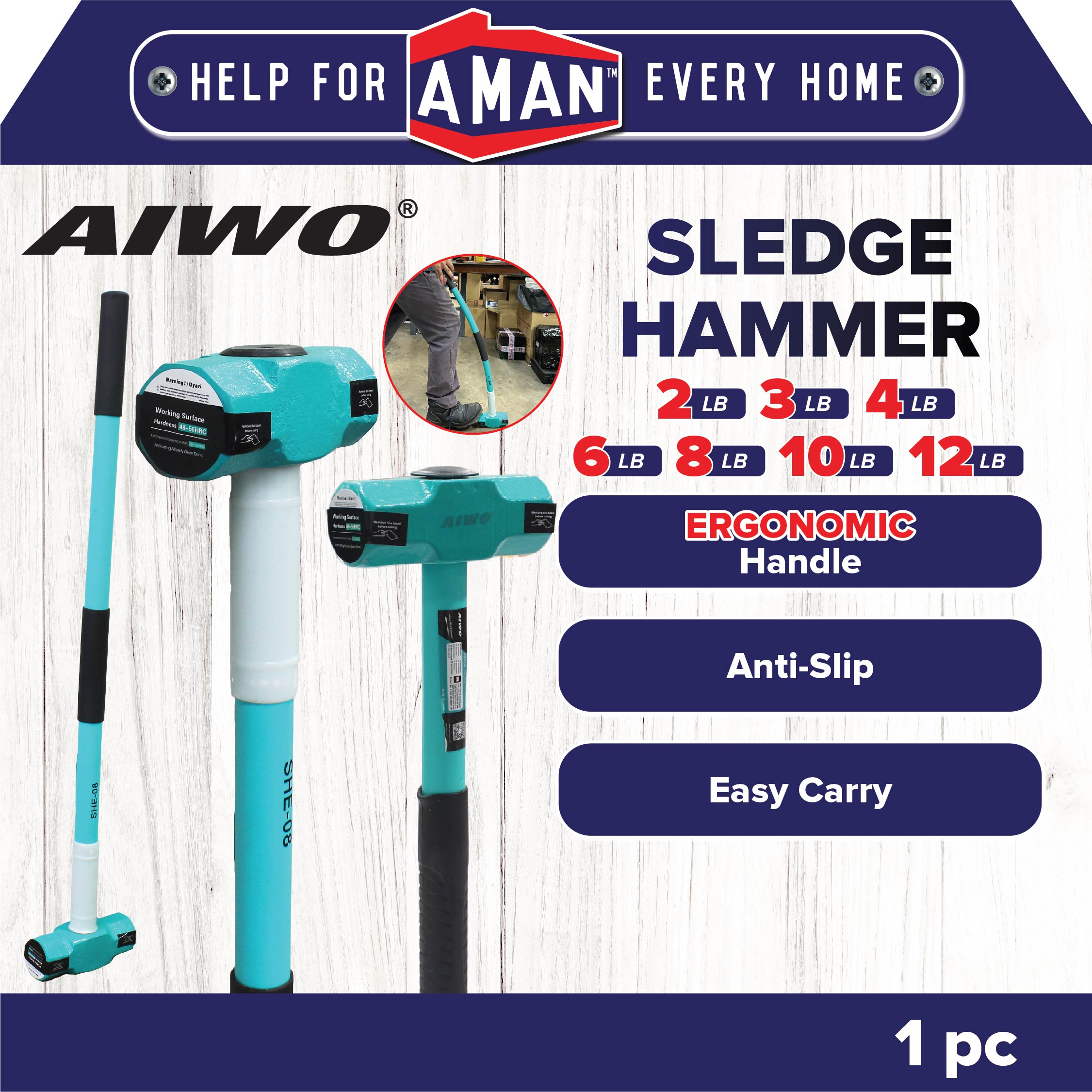 AIWO Sledge Hammer Elastic Handle Vibration Smashing Steel Head ...