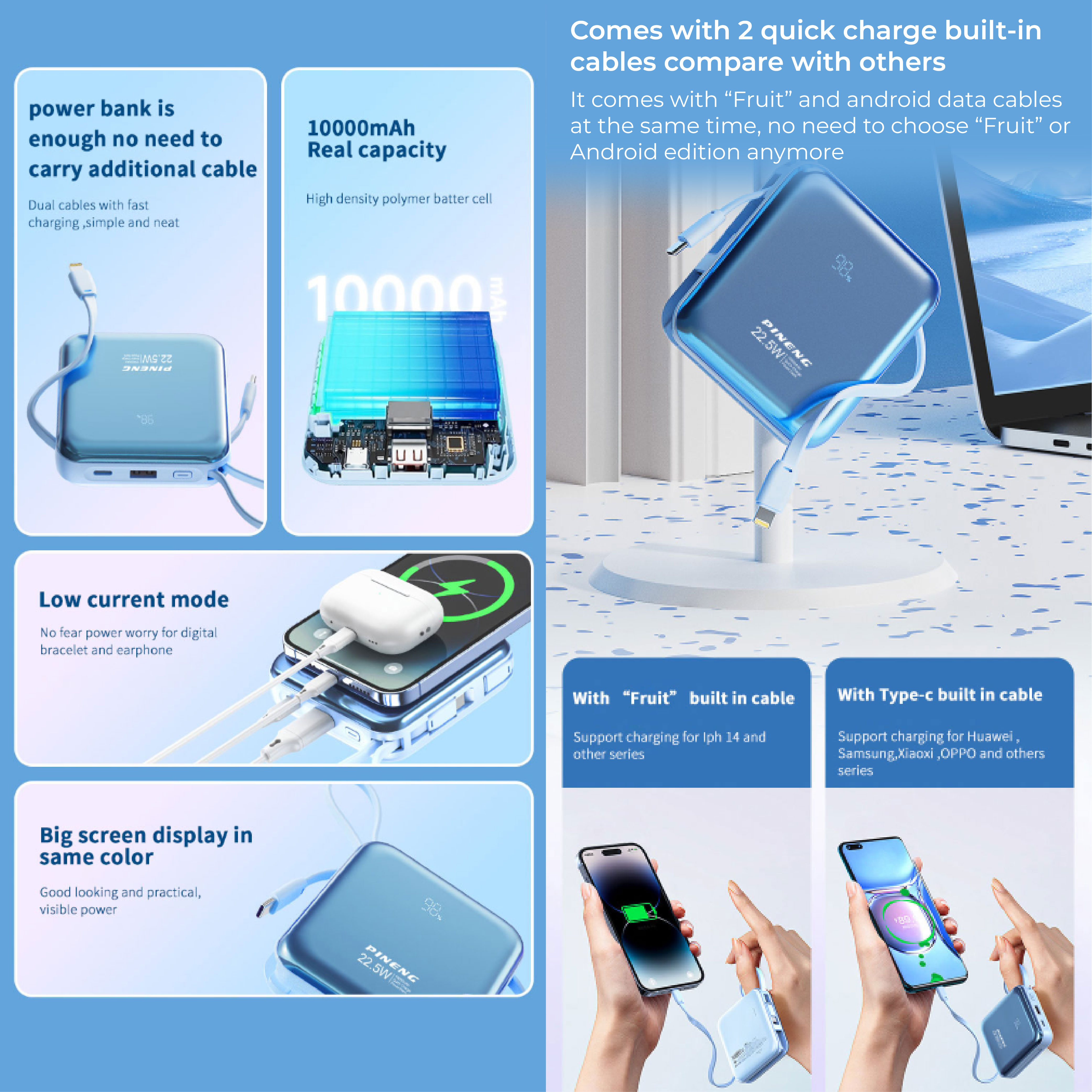 Pineng PN-875PD 10000mAh Portable PowerBank 22.5W Fast Charge Built-In ...