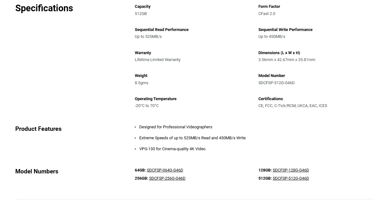 SANDISK EXTREME PRO CFAST 2.0 MEMORY CARD 64GB / 128GB / 256GB / 512GB WITH UP TO 525MB/S | VPG ...