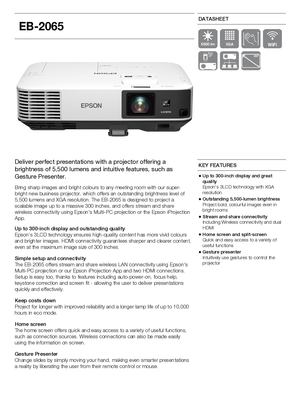EPSON EB-2065 5,500 LUMENS XGA (1024 X 768) 3LCD PROJECTOR, CONTRAST RATIO:15,000:1, BUILT IN ...