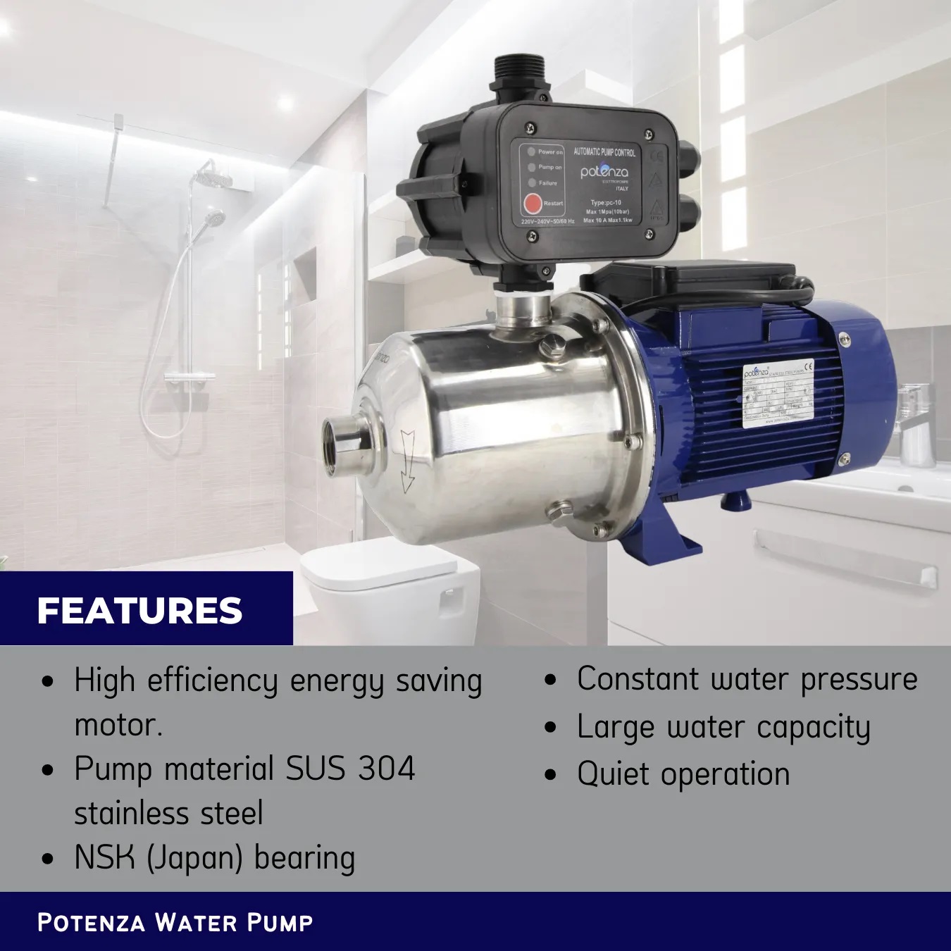 Potenza PSW-4-40 PC-Auto Multi-Stage S/Steel Domestic Pump 1.0Hp / 750W ...
