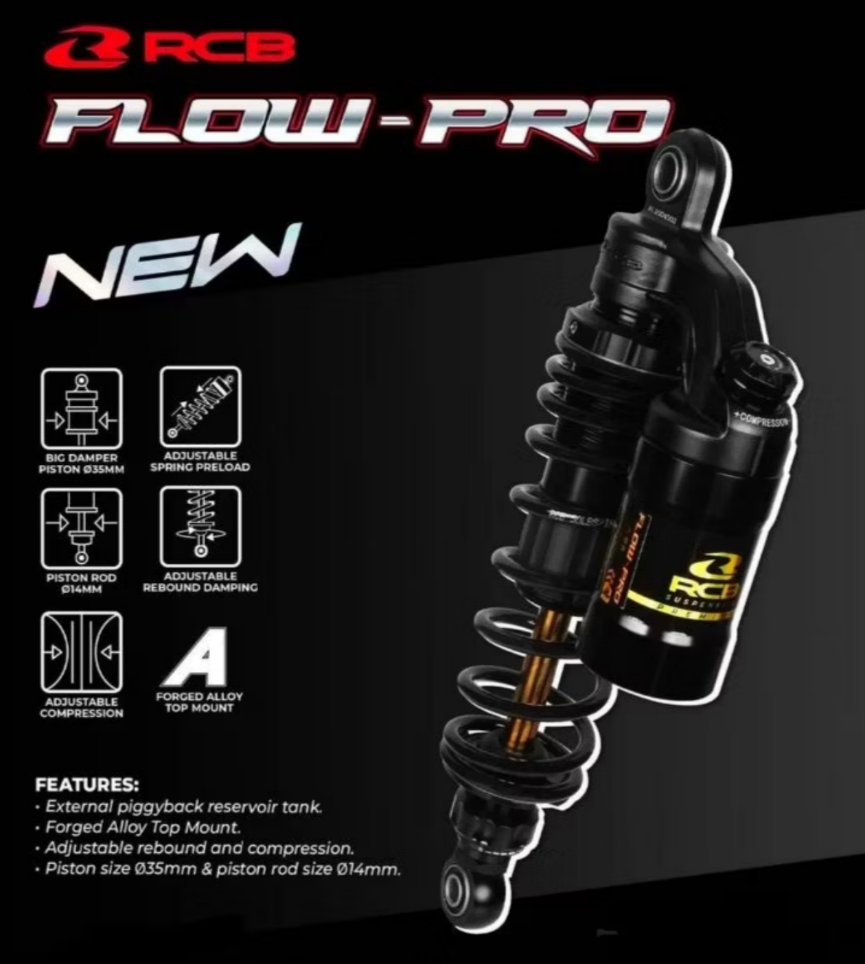 RCB ABSORBER HONDA ADV160 FLOW PRO FLOW-S SERIES BLACK GOLD HITAM EMAS ...