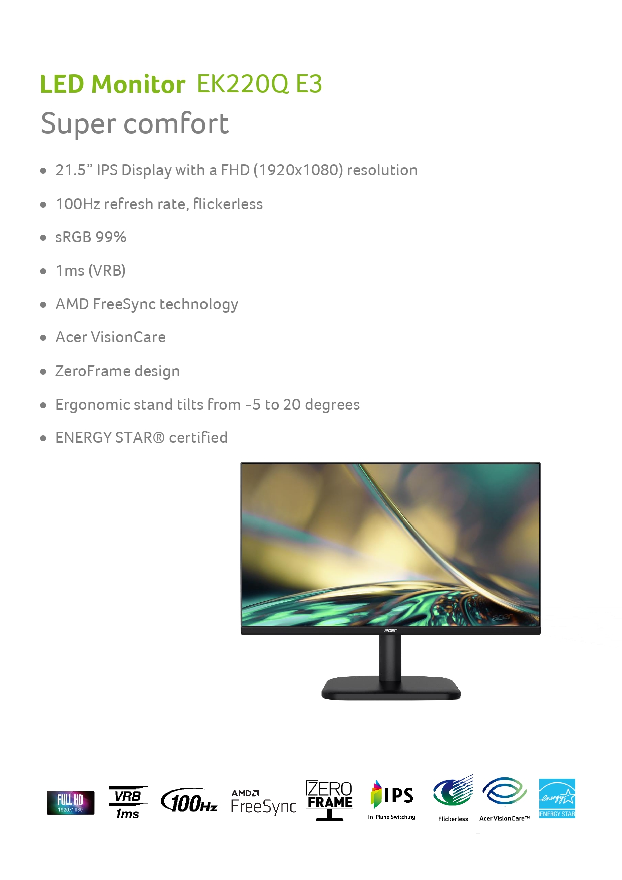 ACER 21.5" EK221QE3 / EK221Q E3 FHD (1920x1080@100HZ) FLAT IPS PANEL ...