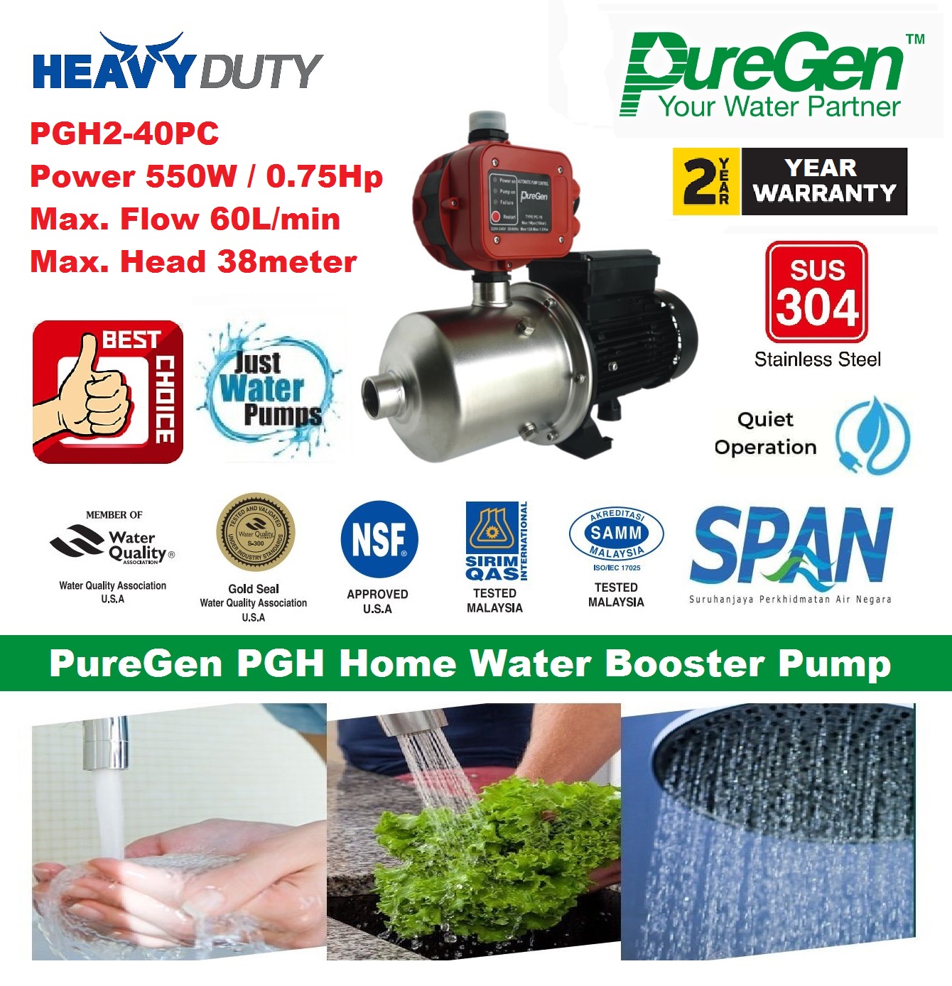 PureGen PGH 2-40 PC-Auto Stainless Steel Water Booster Pump 0.75Hp ...