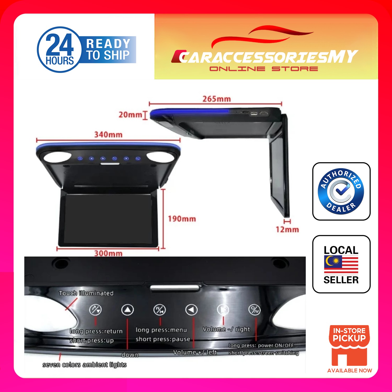 11.6 Inch Roof monitor Mount Overhead Flip Down SLIM HD With Mp5 hdmi input FM Input mpv tv alza ...