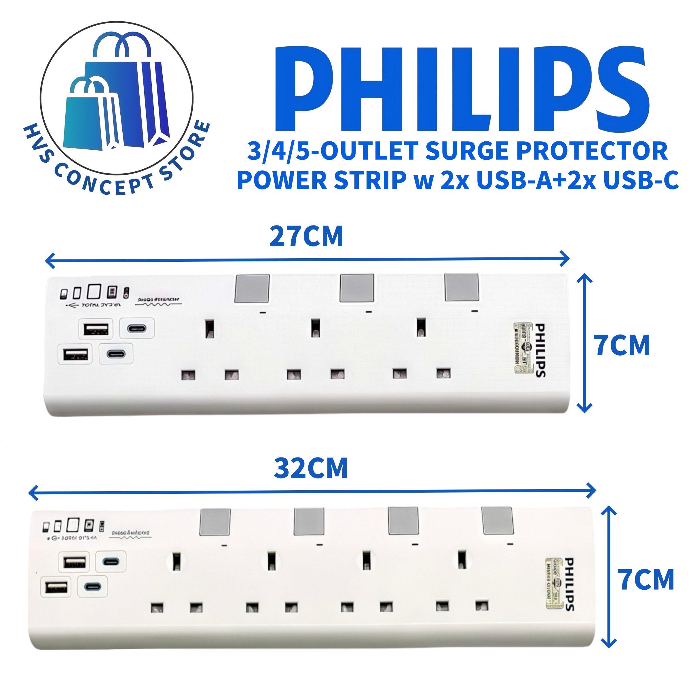 PHILIPS 3/4/5-OUTLET SURGE PROTECTION POWER STRIP WITH 2x USB-A + 2x ...