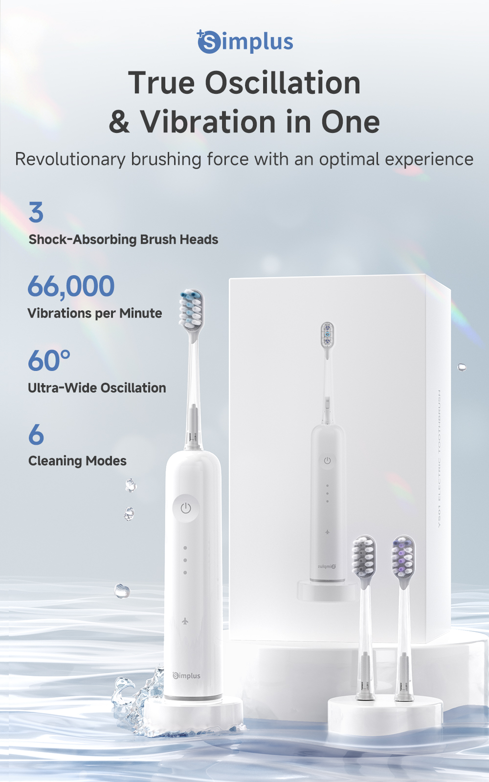 Simplus Electric Toothbrush 60° Oscillation 66,000 Vibrations/Min 6 ...