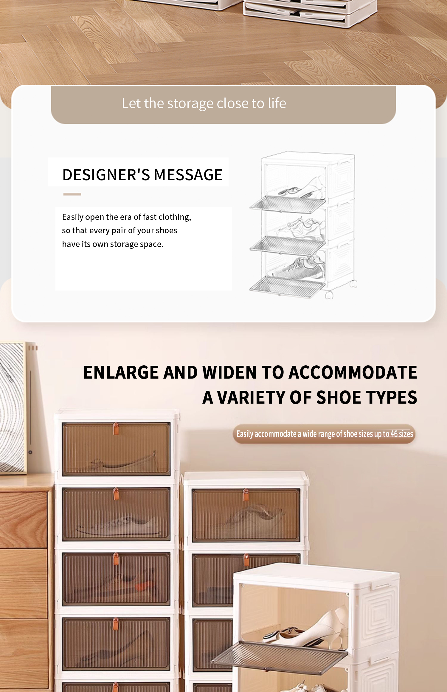 L45-75cm(1-5 Layers) Large Capacity Storage Cabinet 2 Doors Foldable ...