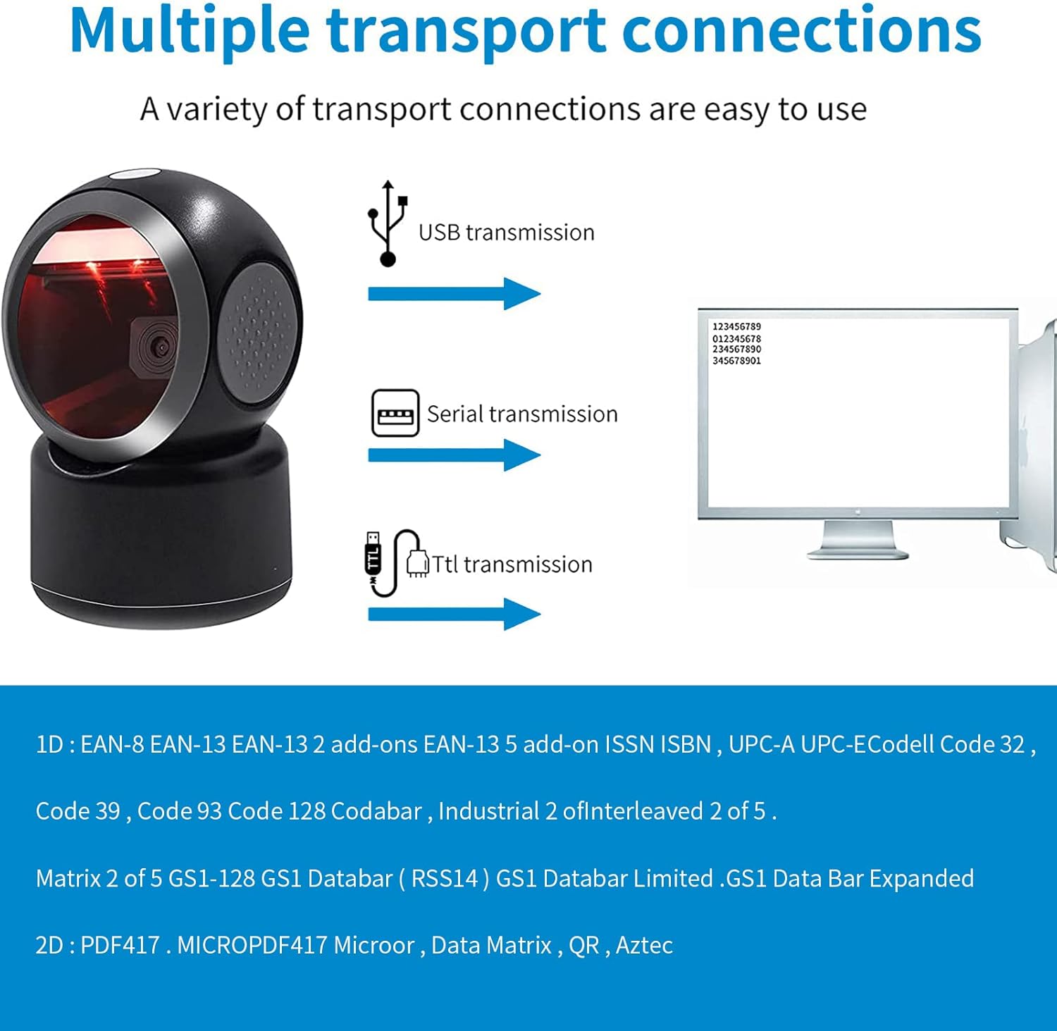 Barcode Scanner 2D 1D LED Desktop Scanner QR Code Scanner Adjustable ...