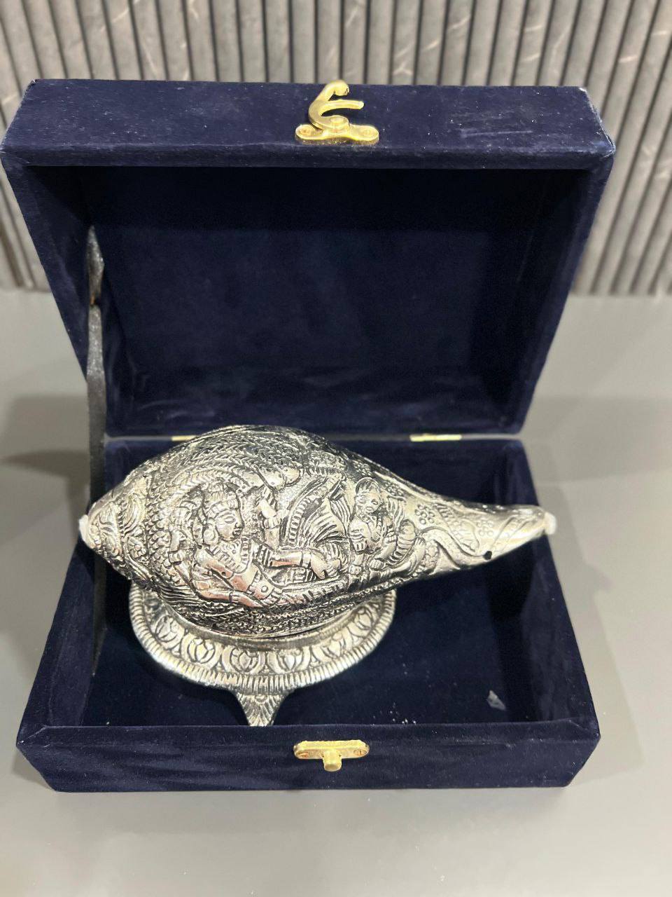 German Silver Hand Engraved Shankh with Stand for Temple or Mandir ...