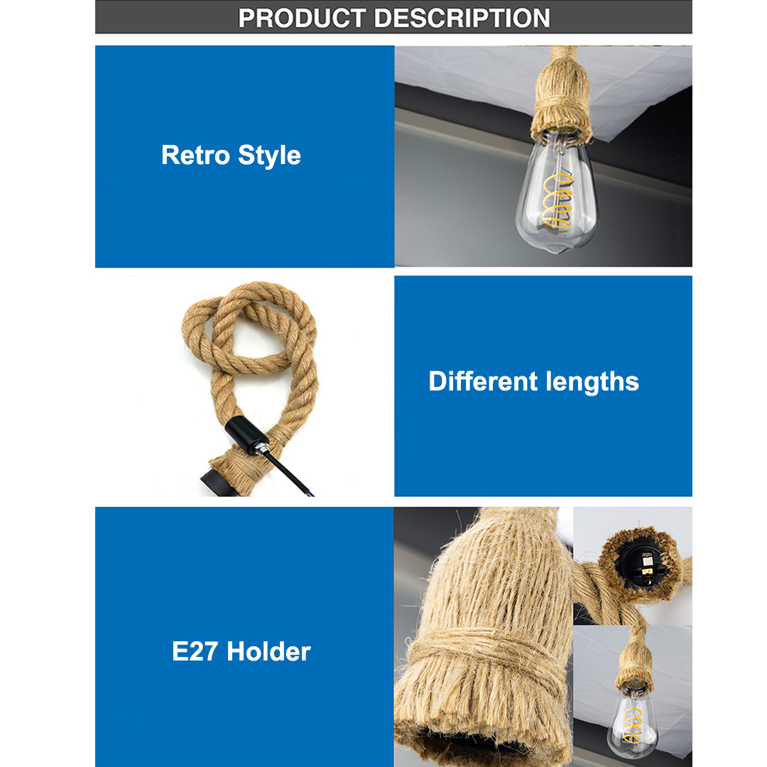 Hemp rope pendant light 1M 2M E27 bulb holder G45 ST64 G80 G95 G125 LED ...