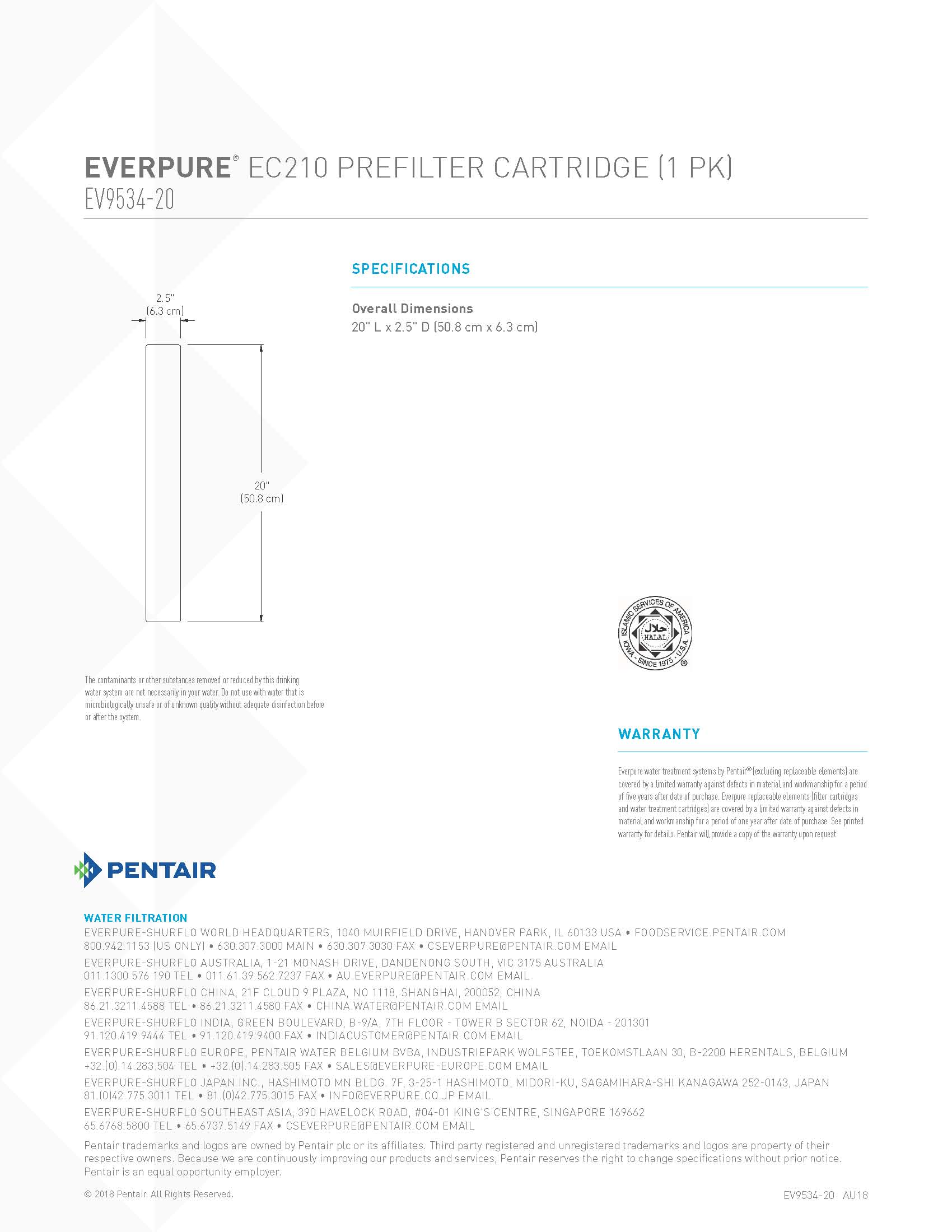 PENTAIR EVERPURE EV953426 EC210 20inch Prefilter Replacement Cartridge ...