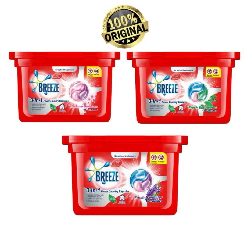 BREEZE 3 IN 1 POWER LAUNDRY CAPSULES FRESH EUCALYPTUS (18 CAPSULES ...