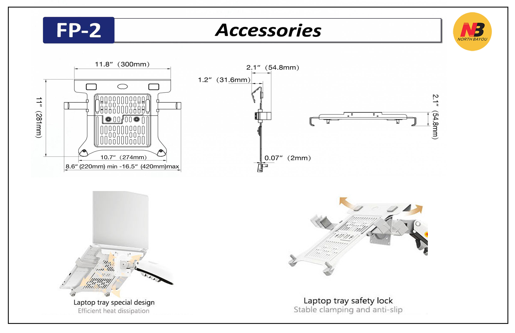 NB H100 Gas Strut White/Matte Charcoal Desk Mount Arm with Laptop Tray ...