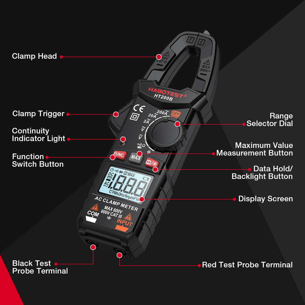 HABOTEST📢HT200B+HT89 Digital Clamp Meter 600V AC/DC 2000 Counts ...