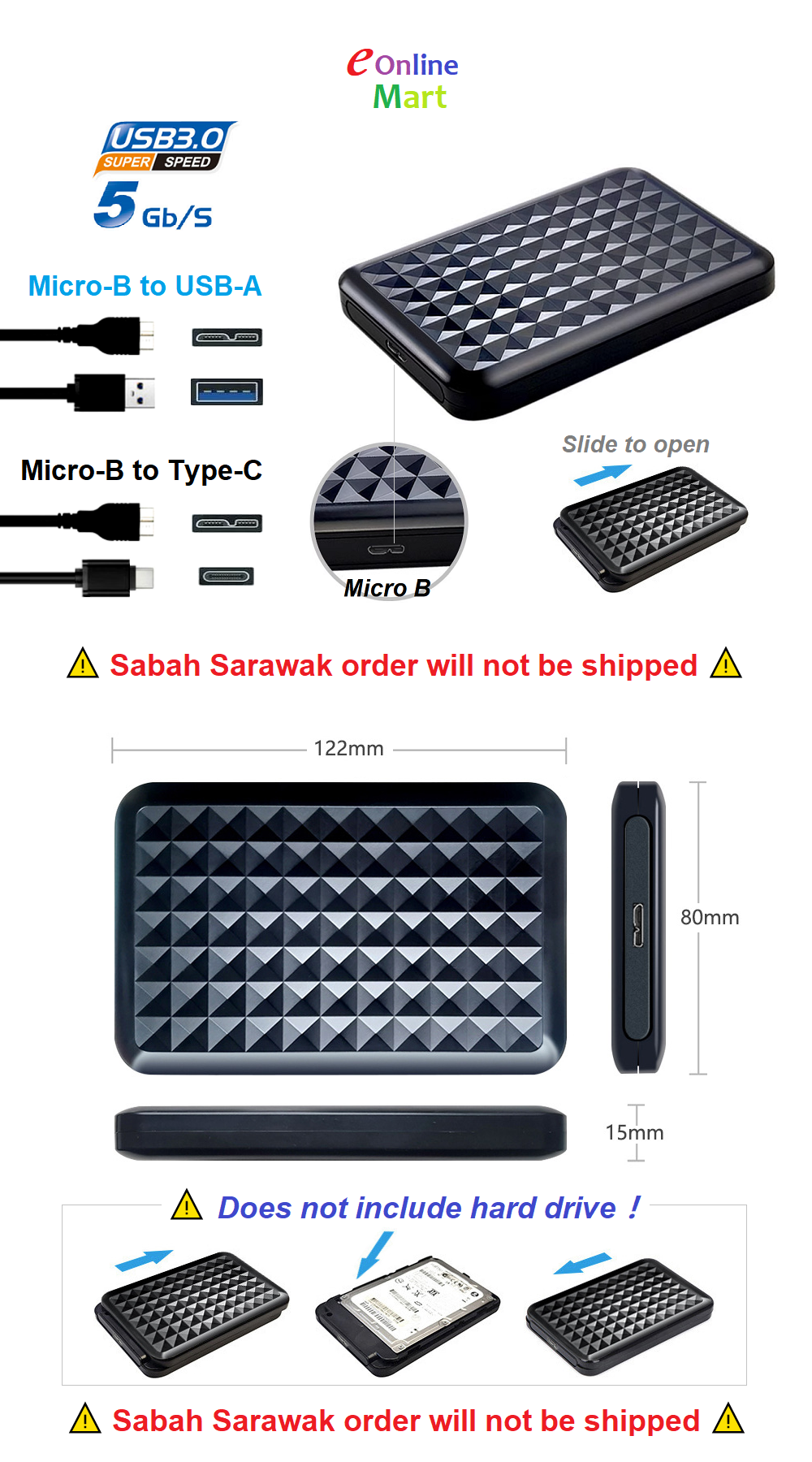 USB 3.0 2.5 inch External Hard Disk Casing Tool-Free SATA HDD Enclosure Case 2.5" HDD SSD ...