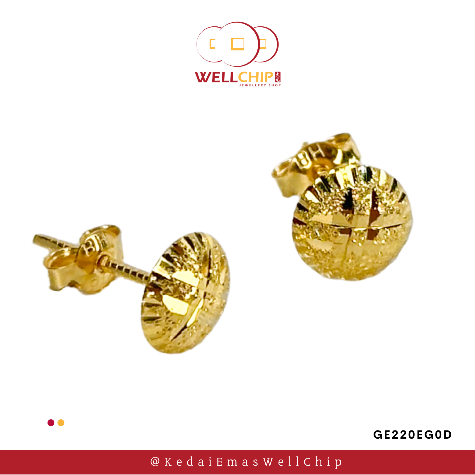 Subang Paku Bulat Emas 916 | 916 Gold Round shaped Earstud | Anting ...