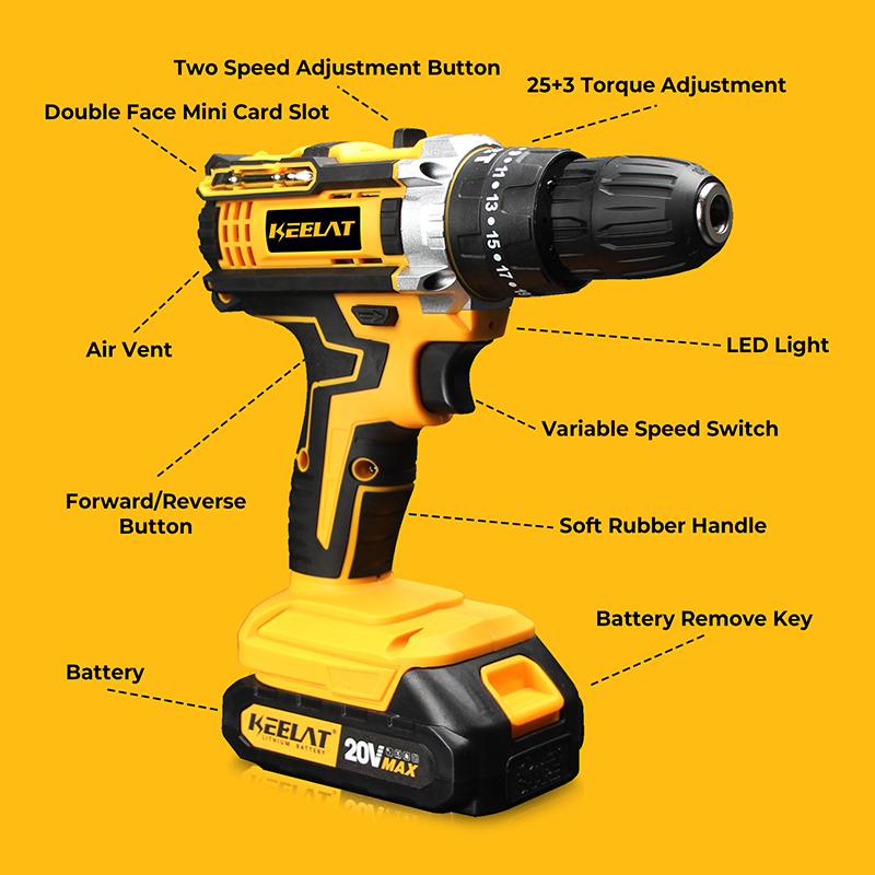 KEELAT Cordless Drill Driver Kit Hand Drill 2 Speed Screwdriver 12V/18V ...